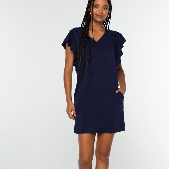 Liverpool | Dresses | Nwt Liverpool Flutter Sleeve Dress In Cosmic Navy ...